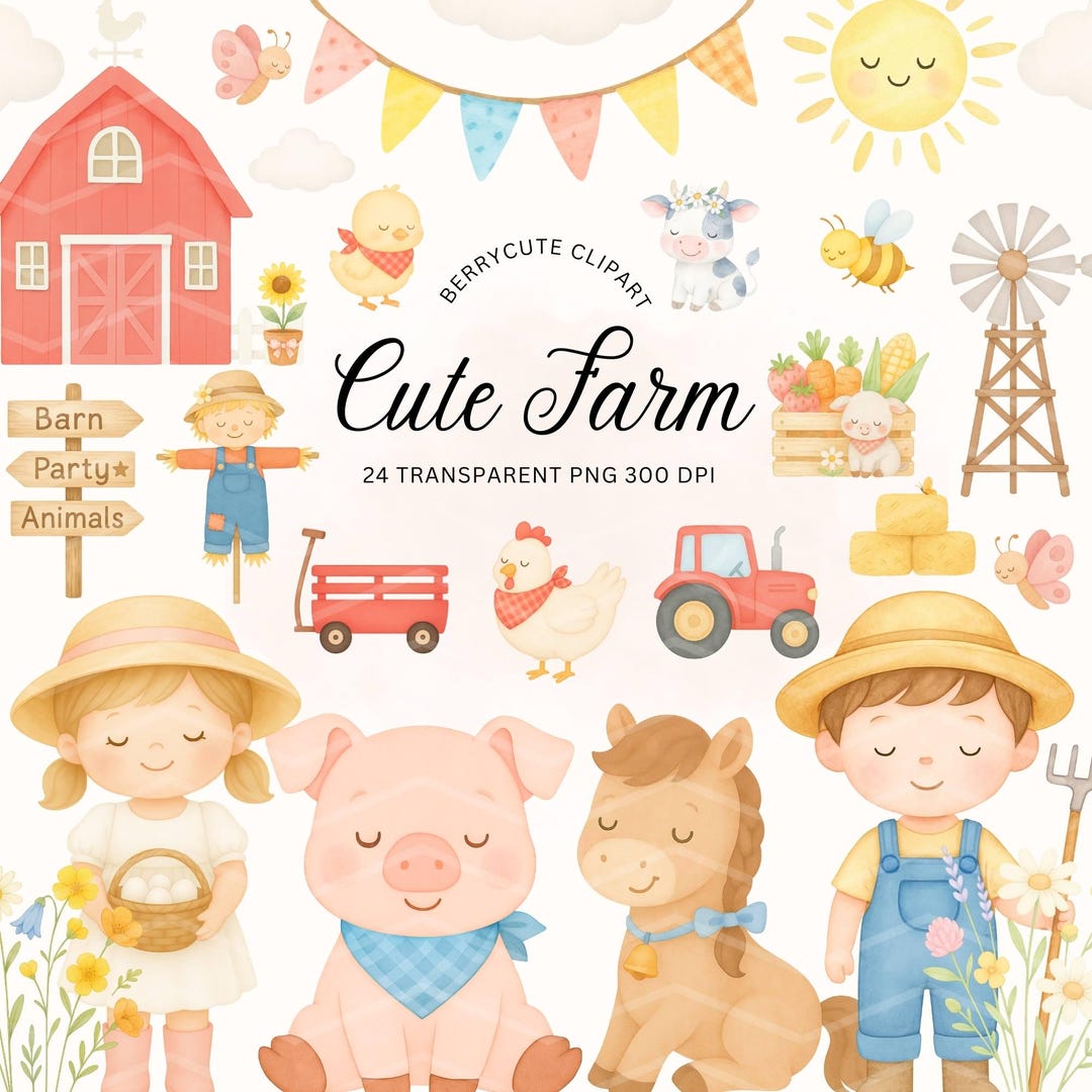 Cute Farm Clipart Set, Watercolor Farm Animals, Cute Pig Clipart, Baby ...