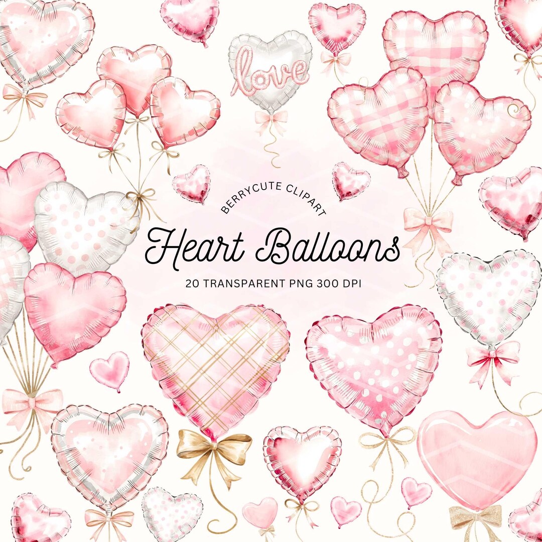 Heart Balloons Clipart Pack, Pink Heart Balloons Png, Cute Love ...