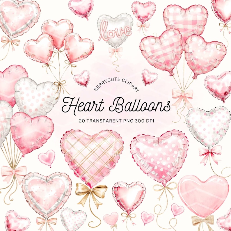 Heart Balloons Clipart Pack, Pink Heart Balloons Png, Cute Love ...