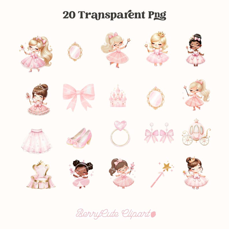 Pink Princess Clipart Pack, Cute Princess Png, Fairytale Clipart Bundle ...