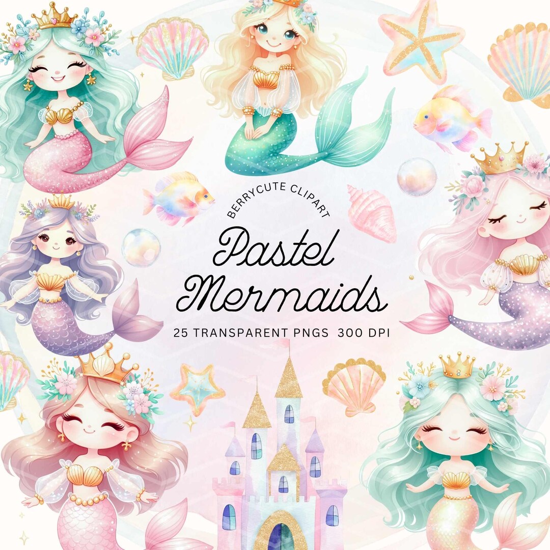 Pastel Mermaid Clipart Pack, Watercolor Under the Sea, Cute Mermaid ...