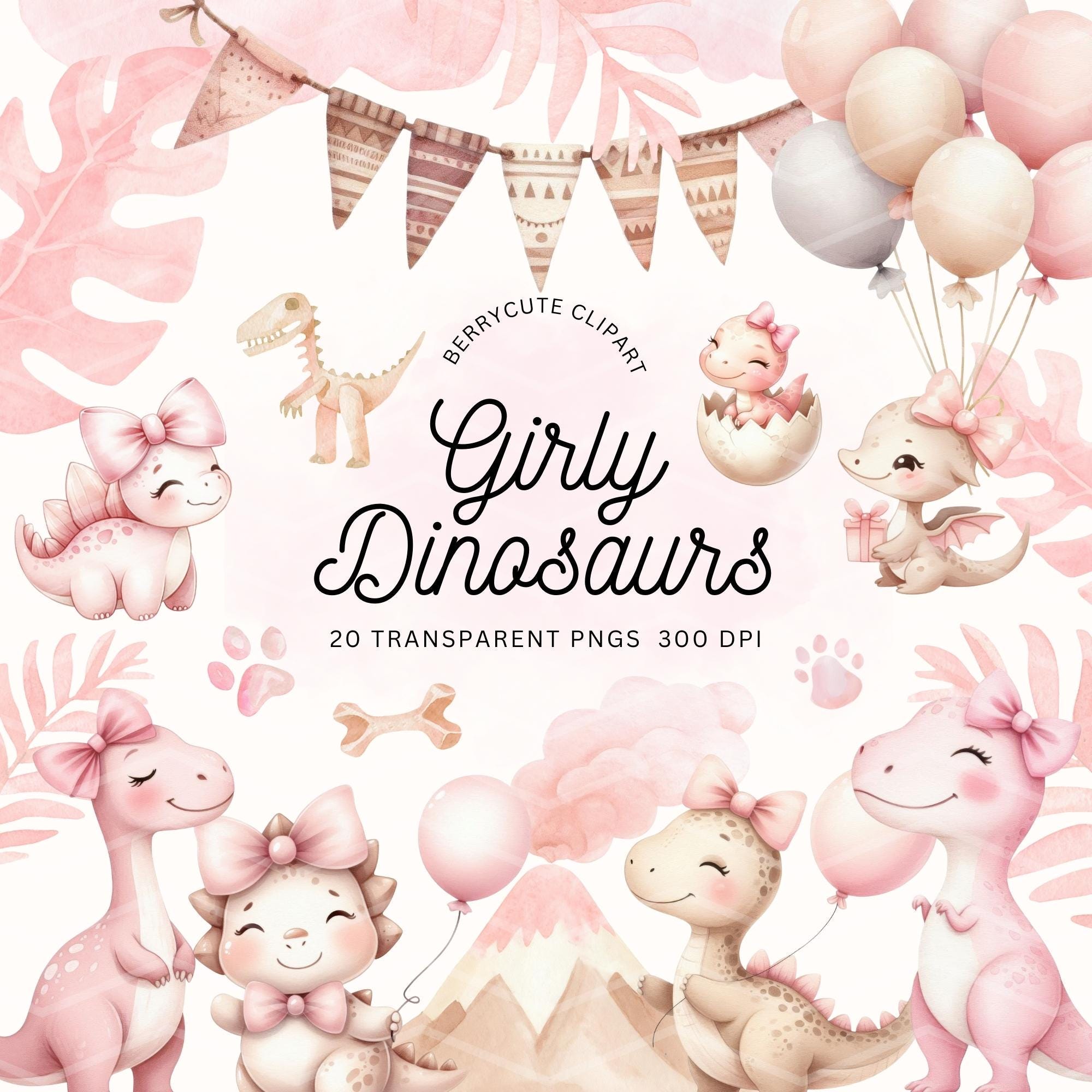 Girly Dinosaur Clipart Pack, Cute Dino Clipart, Pink Dinosaurs ...