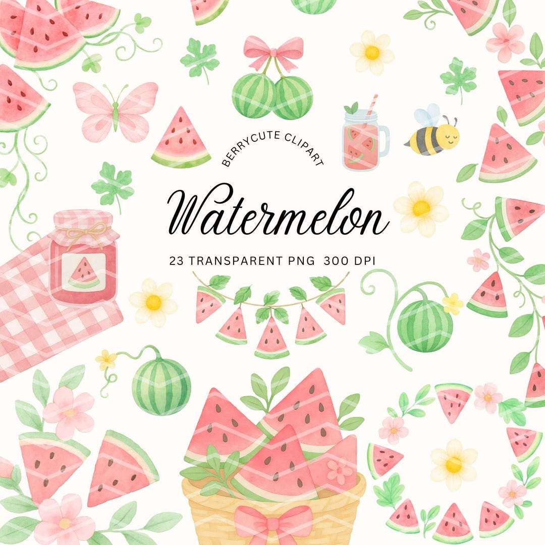 Watermelon Clipart Set, Summer Fruit Clipart, Watercolor Watermelon Png ...