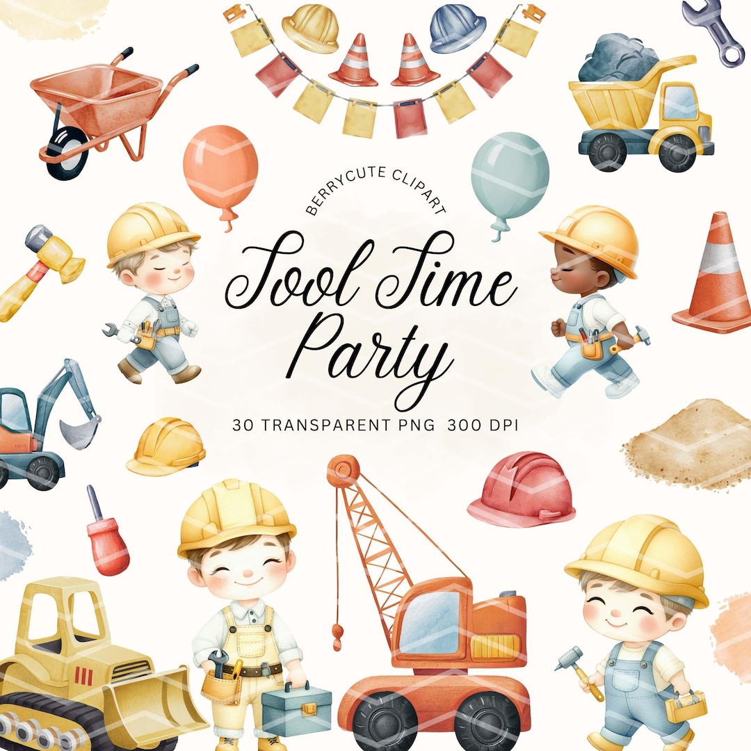 Construction Watercolor Clipart Pack, Builder Vehicle PNG, Excavator ...