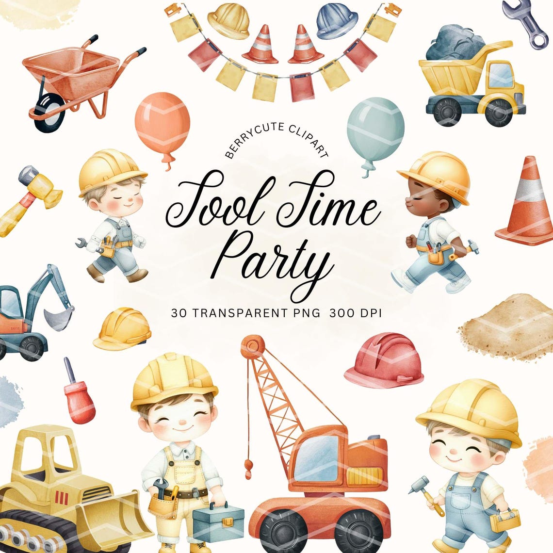 Construction Watercolor Clipart Pack, Builder Vehicle PNG, Excavator ...