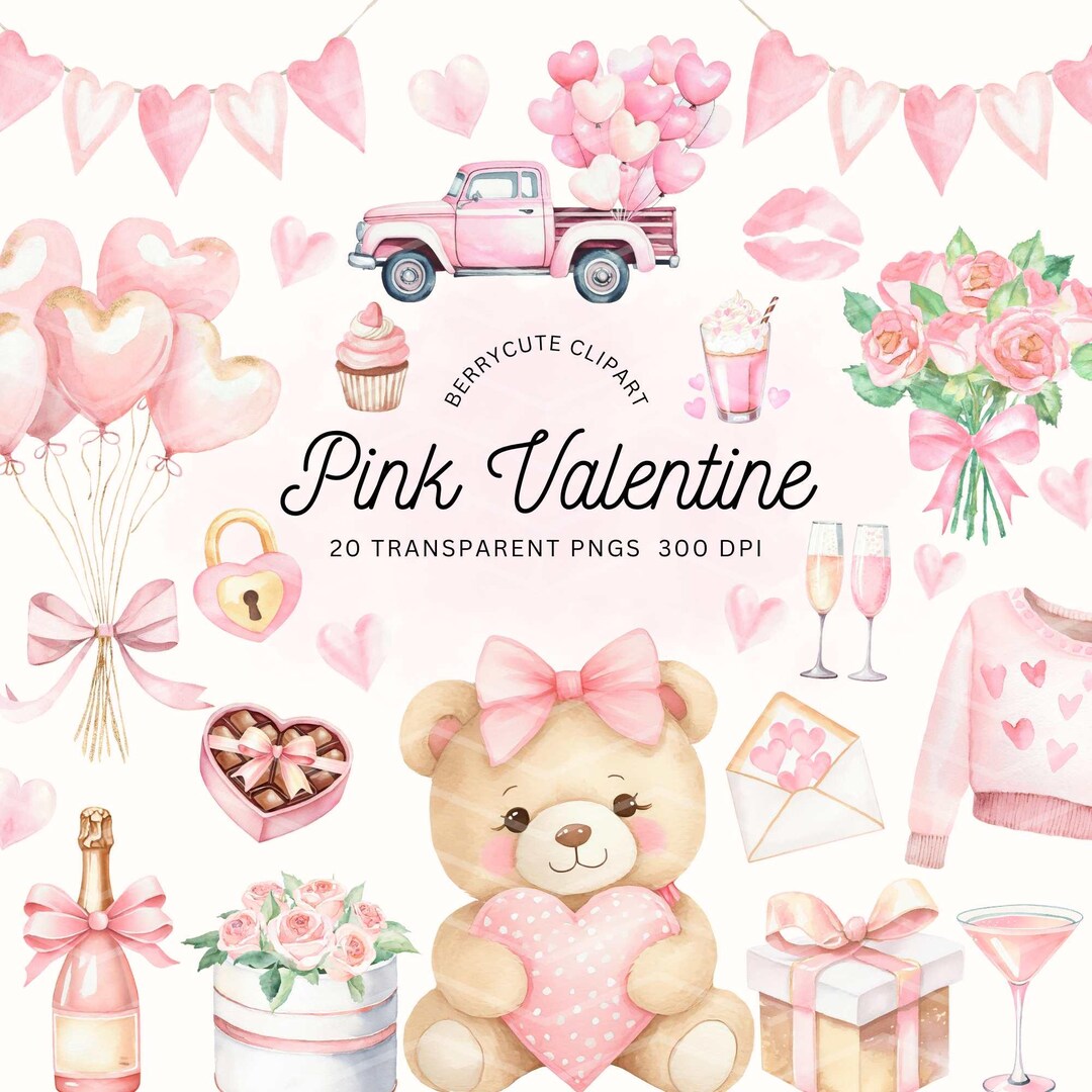Pink Valentine Clipart Pack, Cute Valentine Graphics, Teddy Bears ...