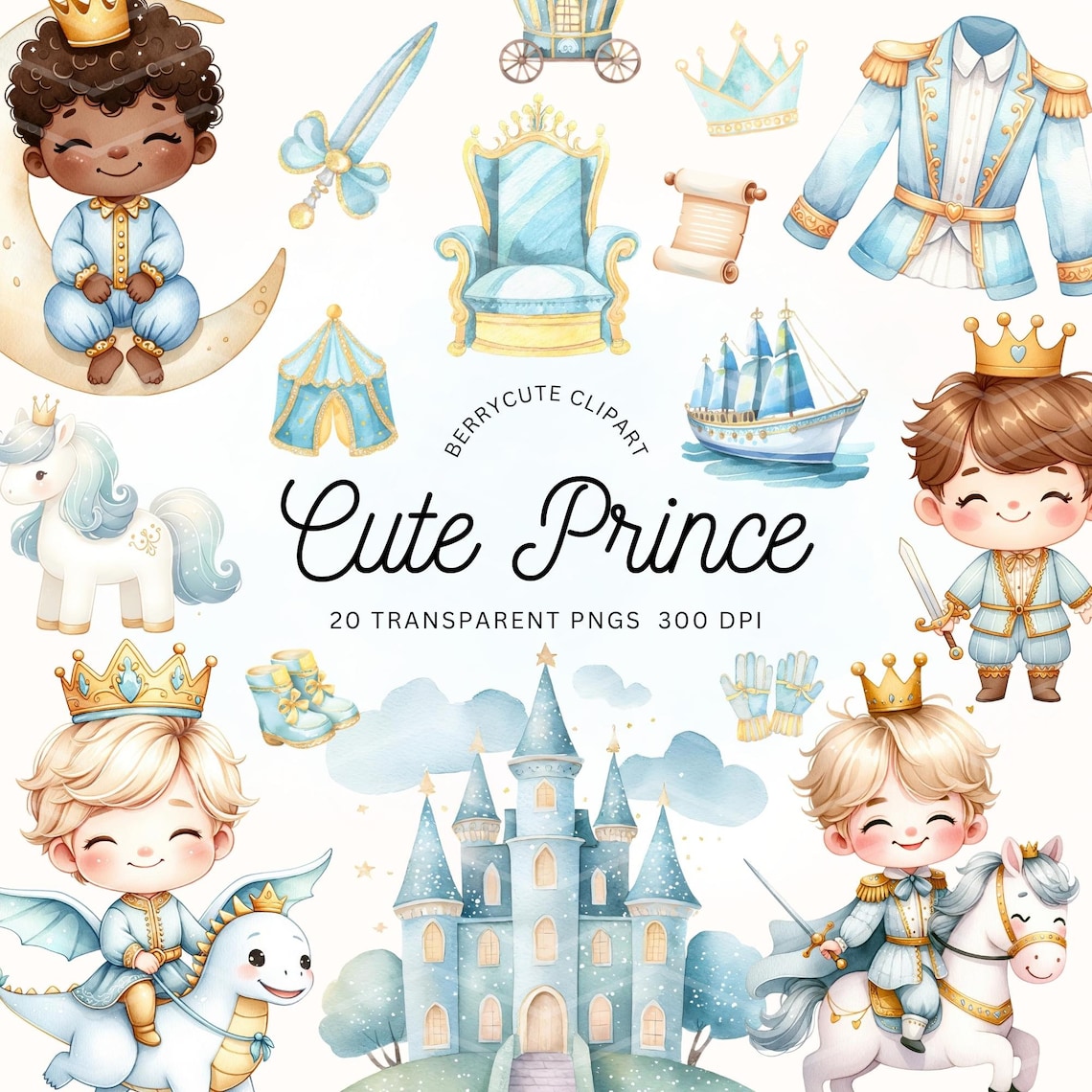 Cute Prince Clipart Pack, Prince Birthday Party Clipart, Royal Crown ...