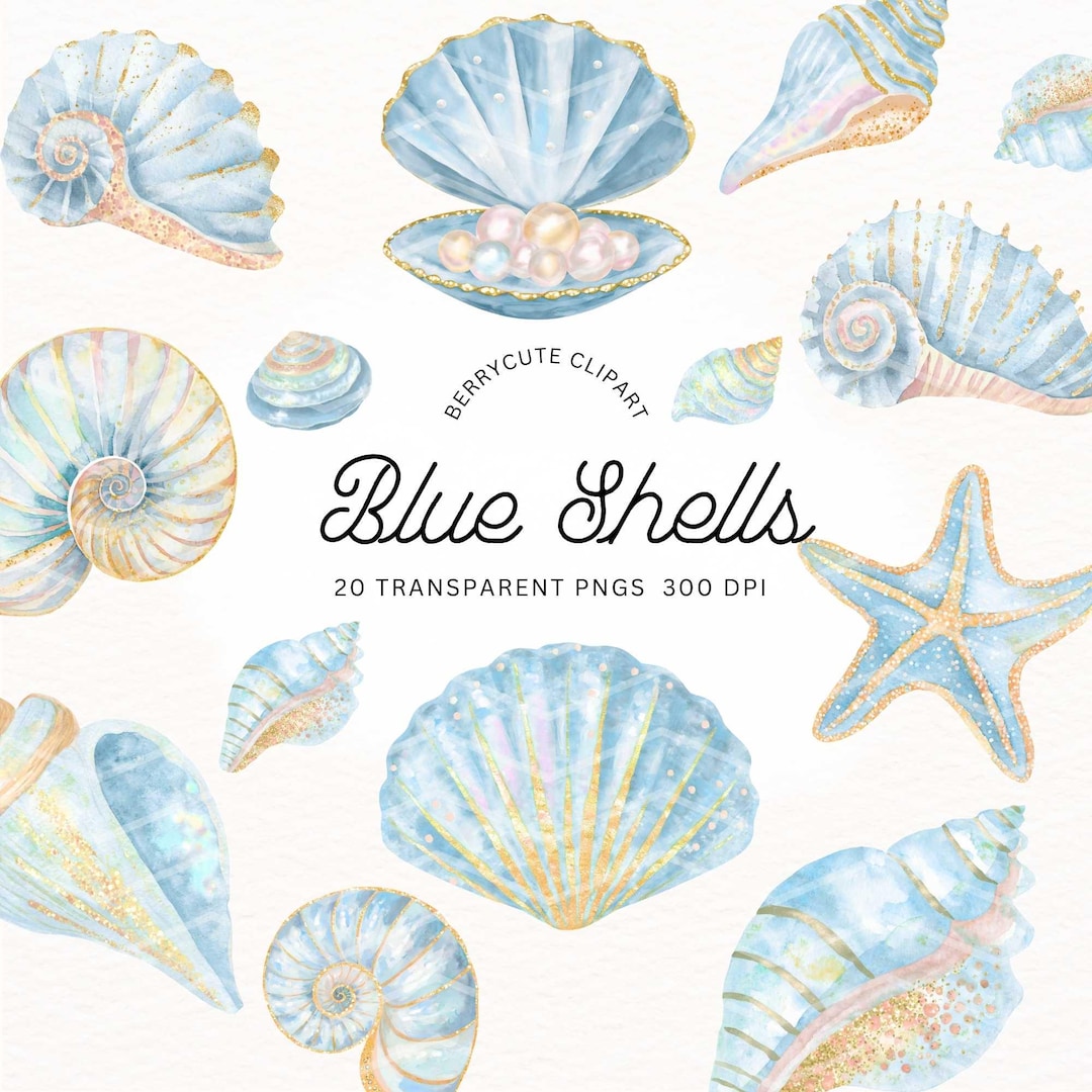 Blue Watercolor Seashell Clipart Pack, Iridescent Mermaid Shells Png ...