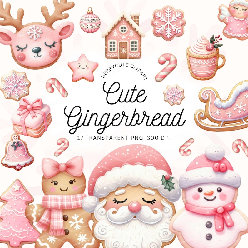 Pastel Gingerbread Clipart Pack, Pink Christmas Clipart, Watercolor ...