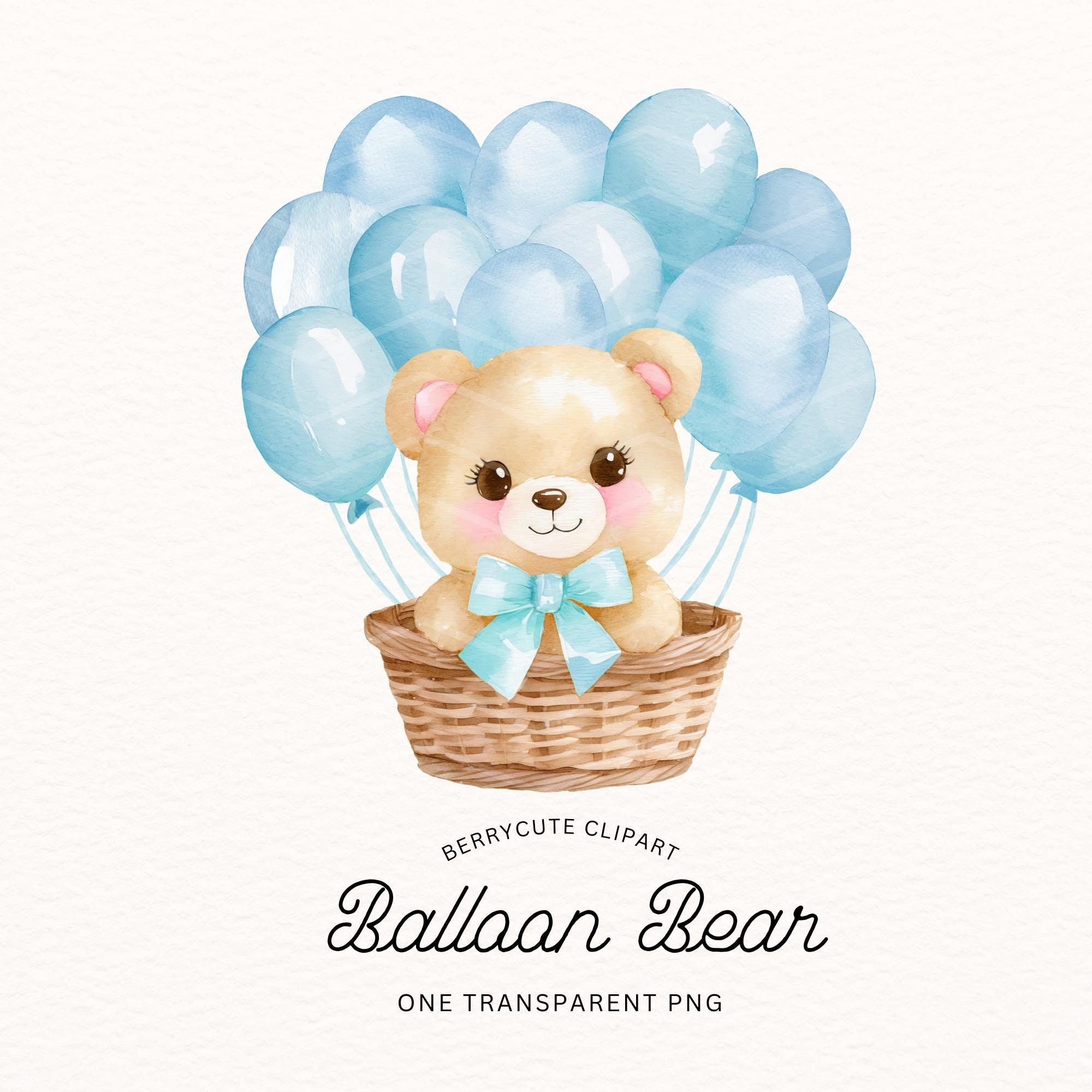 Bear in Basket With Balloons Clipart, Blue Teddy PNG, Hot Air Balloon ...