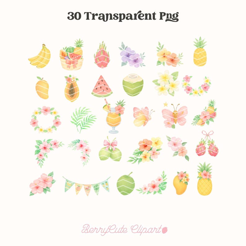 Tropical Fruit Clipart Set, Hawaiian Clipart, Watercolor Fruit ...