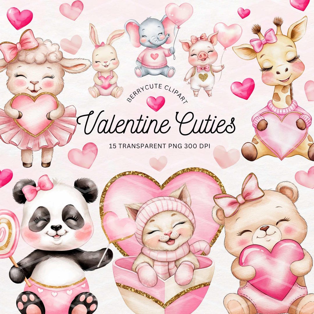 Cute Valentine's Day Animals Clipart Pack, Watercolor Love Animal ...