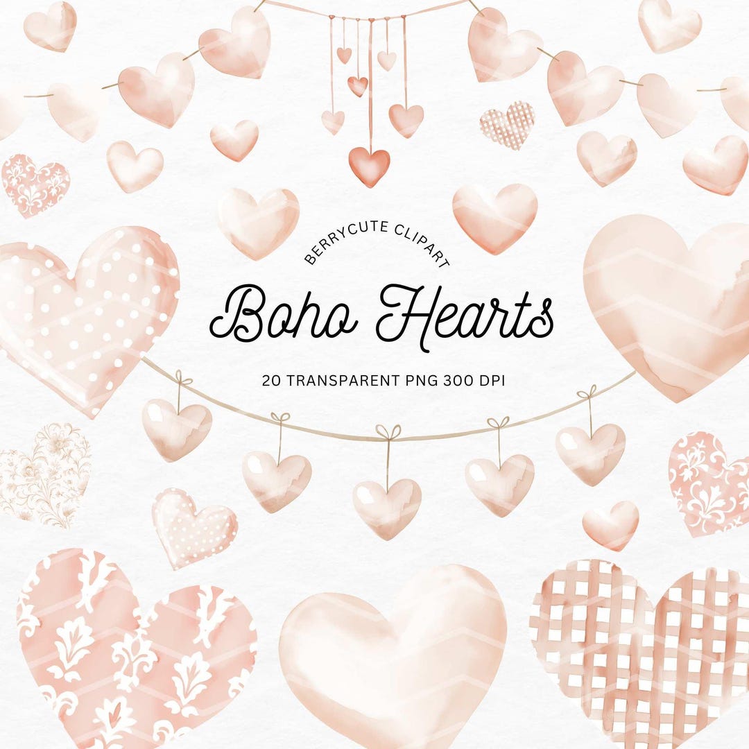 Boho Hearts Clipart Pack, Boho Valentine Clipart, Hanging Hearts ...