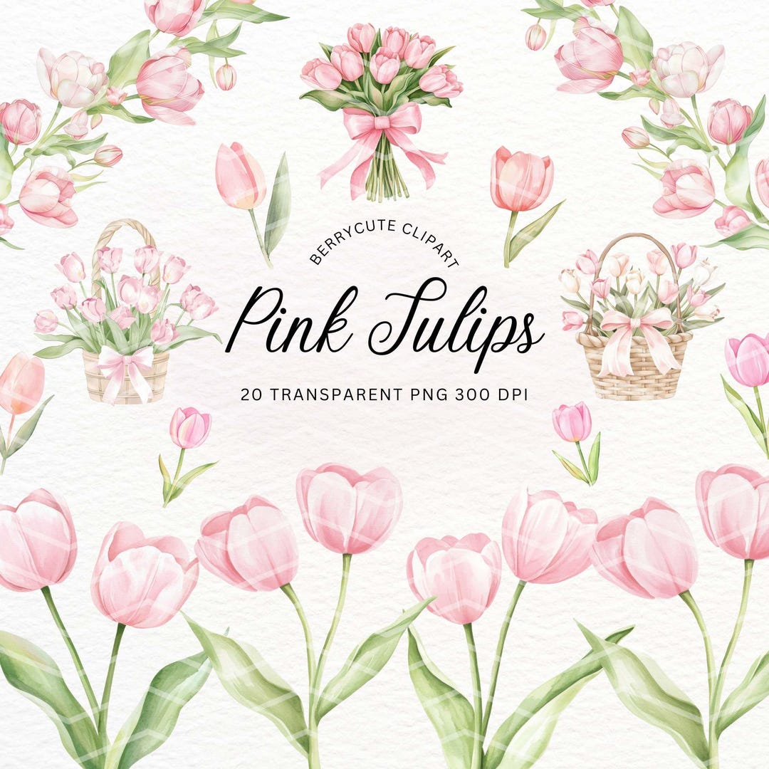 Pink Tulip Clipart Pack, Watercolor Tulip PNG, Spring Floral Clipart ...
