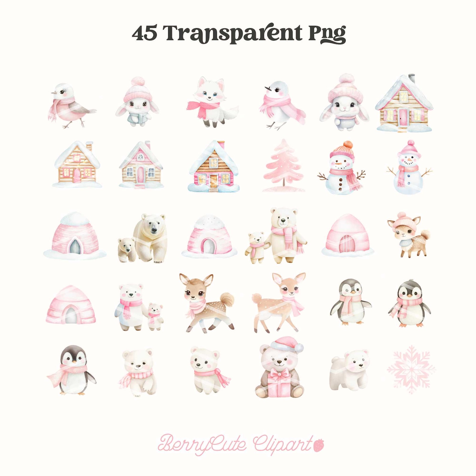 Pink Winter Wonderland Clipart Bundle, Pink Christmas Clipart, Winter ...