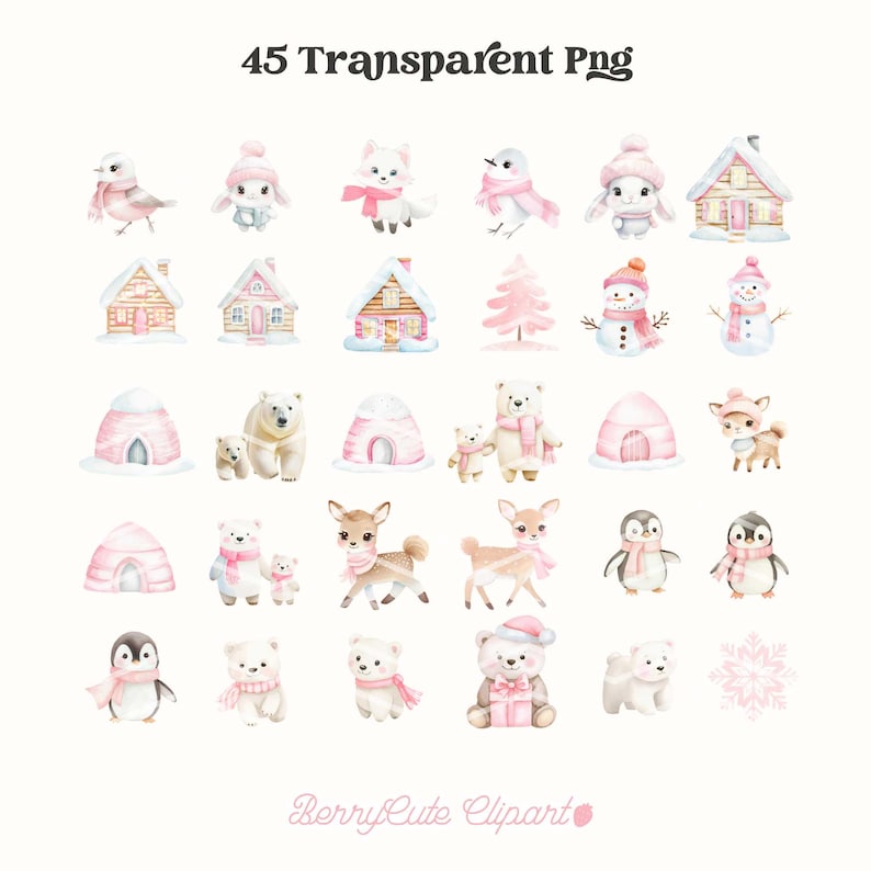 Pink Winter Wonderland Clipart Bundle, Pink Christmas Clipart, Winter ...