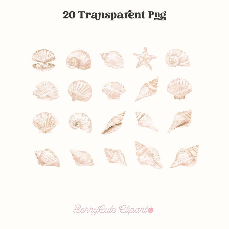 Boho Seashell Clipart Pack, Iridescent Beige Mermaid Shells Png ...