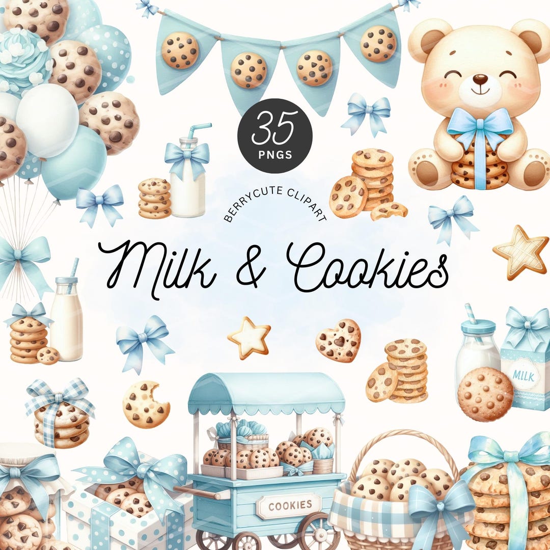 Milk and Cookies Clipart Pack, Blue, Watercolor Chocolate Chip Cookies ...