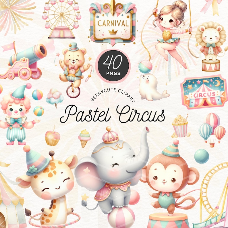 Pastel Circus Clipart Bundle, Pastel Carnival Clipart, Baby Circus Png ...