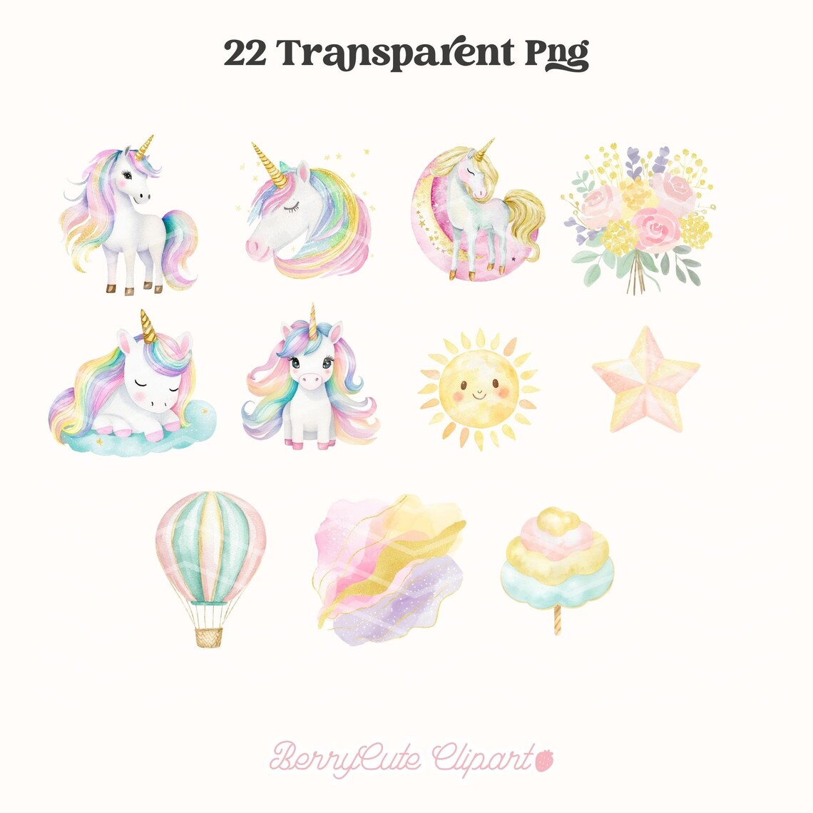 Pastel Unicorn Clipart Pack, Rainbow Unicorn Clipart, Unicorn Baby ...