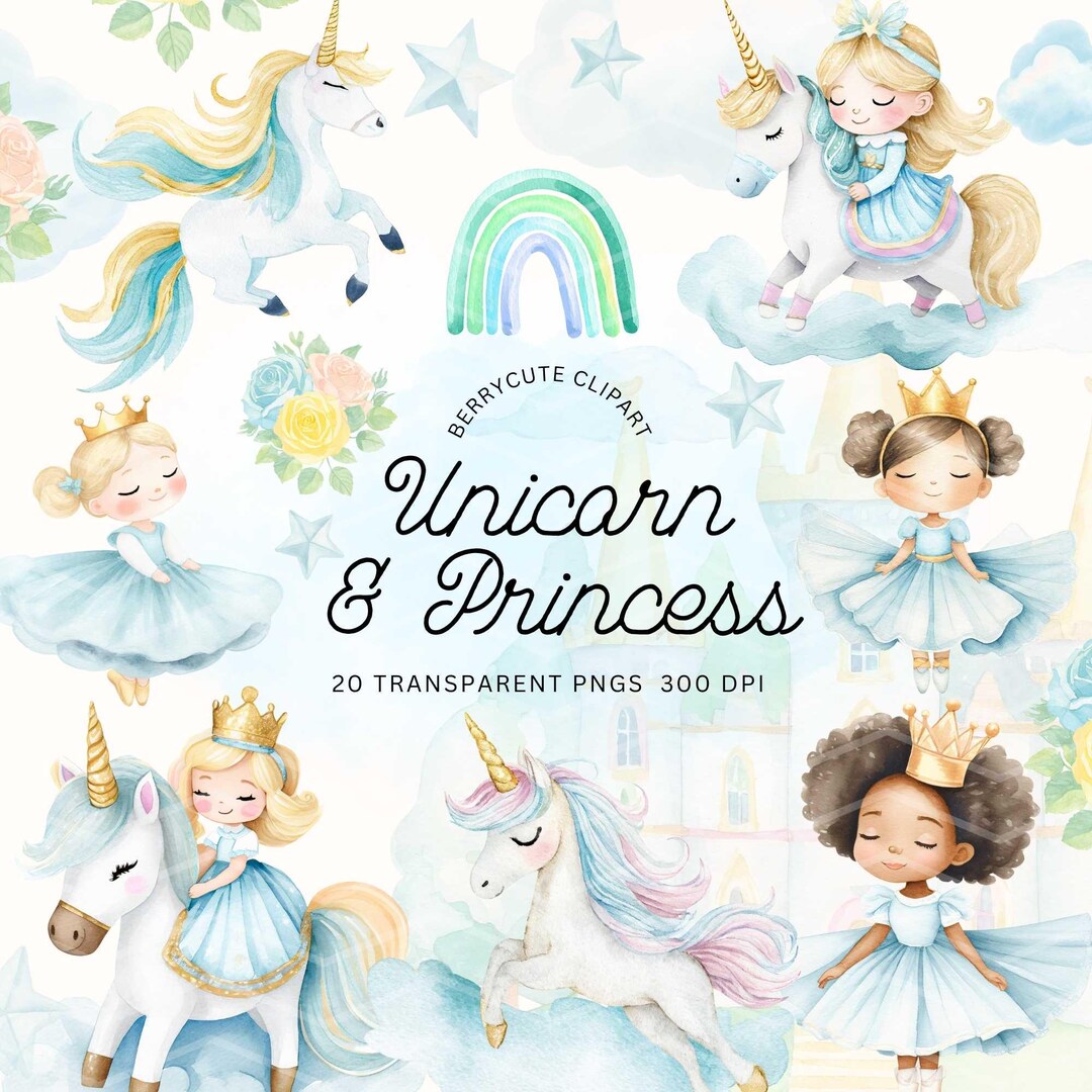 Princess Unicorn Clipart Pack, Blue Princess Clipart, Cute Unicorn ...