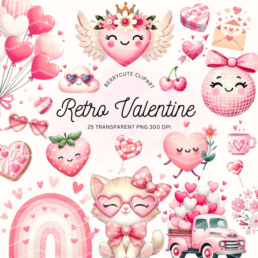 Cute Retro Valentine Day Clipart, Groovy Valentine Clipart, Hippie Love ...