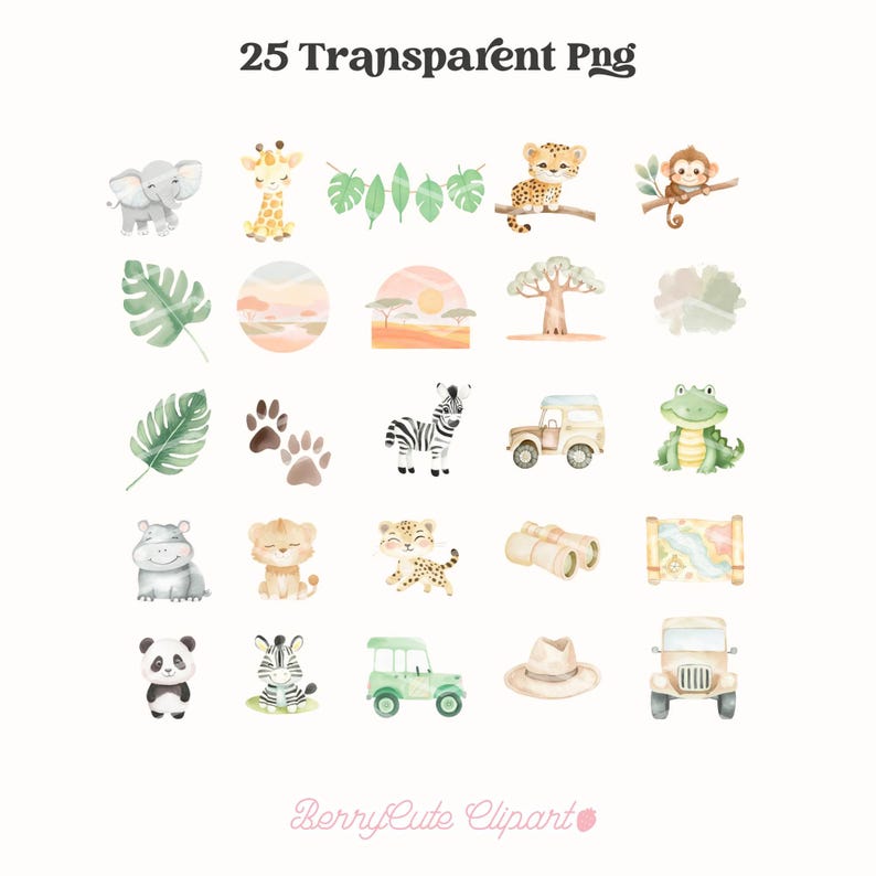 Safari Clipart Set, Jungle Clipart, Cute Giraffe, Baby Lion, Elephant ...