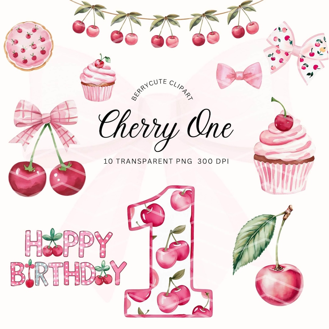 Cherry First Birthday Clipart, Sweet One PNG, Watercolor Cherry, Cherry ...