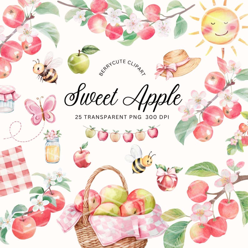 Apple Clipart Pack, Summer Picnic Clipart, Cute Fruit PNG, Watercolor ...