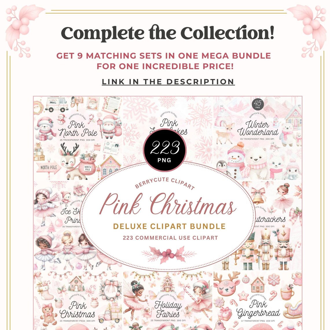 Watercolor Pink Christmas Clipart Pack, Pink Christmas Boho, Christmas ...