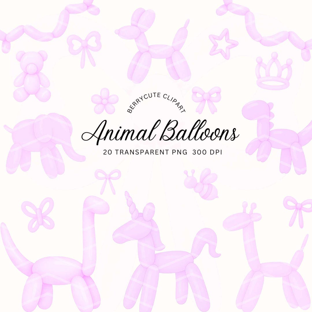 Animal Balloon Clipart Set, Purple Dog, Dino, Elephant, Giraffe, Number ...
