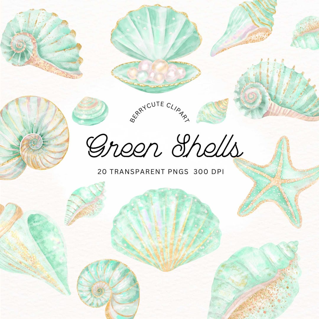Green Watercolor Seashell Clipart Pack, Iridescent Mermaid Shells Png ...