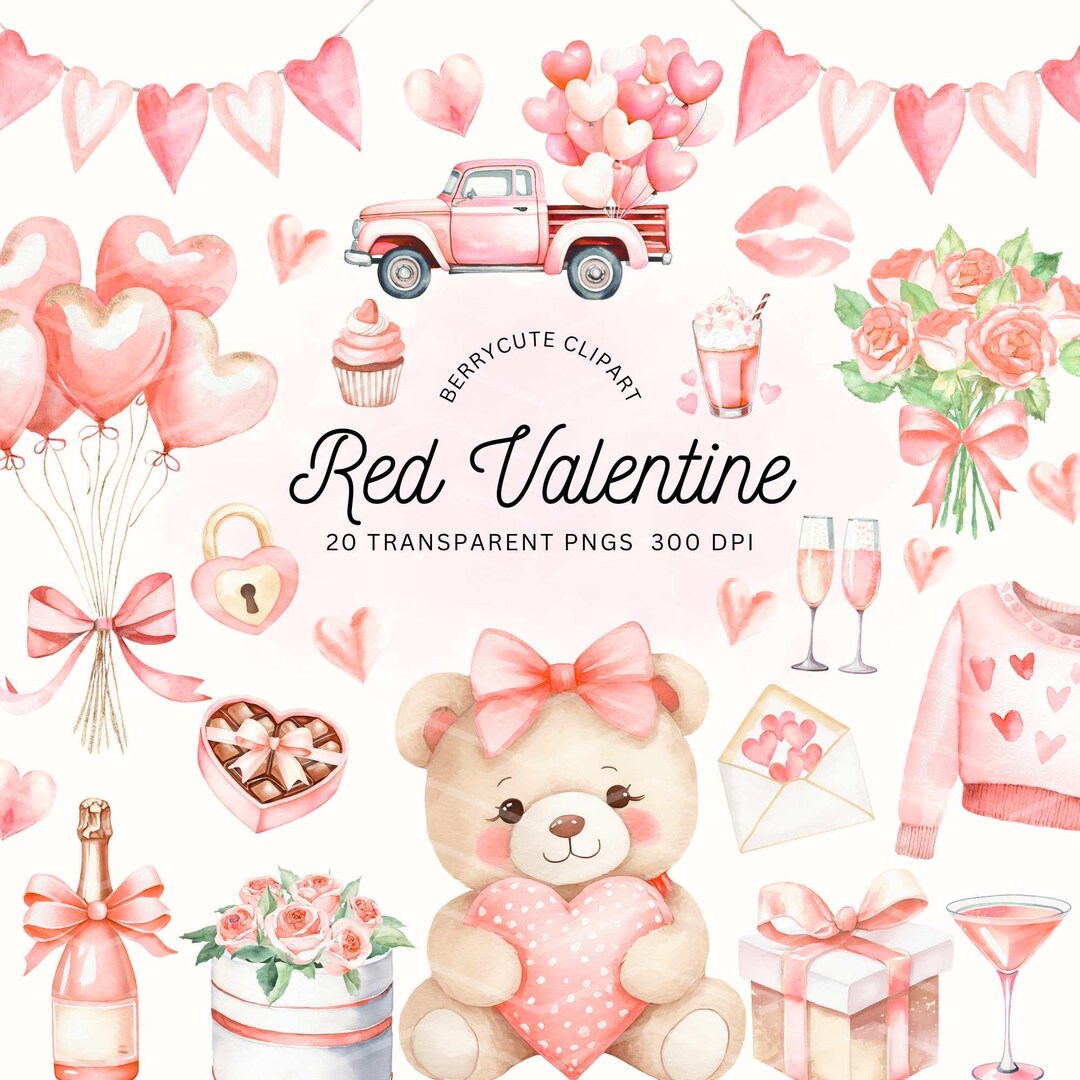 Red Valentine Clipart Pack, Cute Valentine Graphics, Teddy Bears, Roses ...