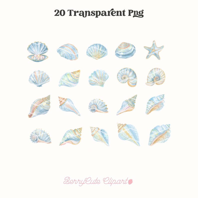 Blue Watercolor Seashell Clipart Pack, Iridescent Mermaid Shells Png ...