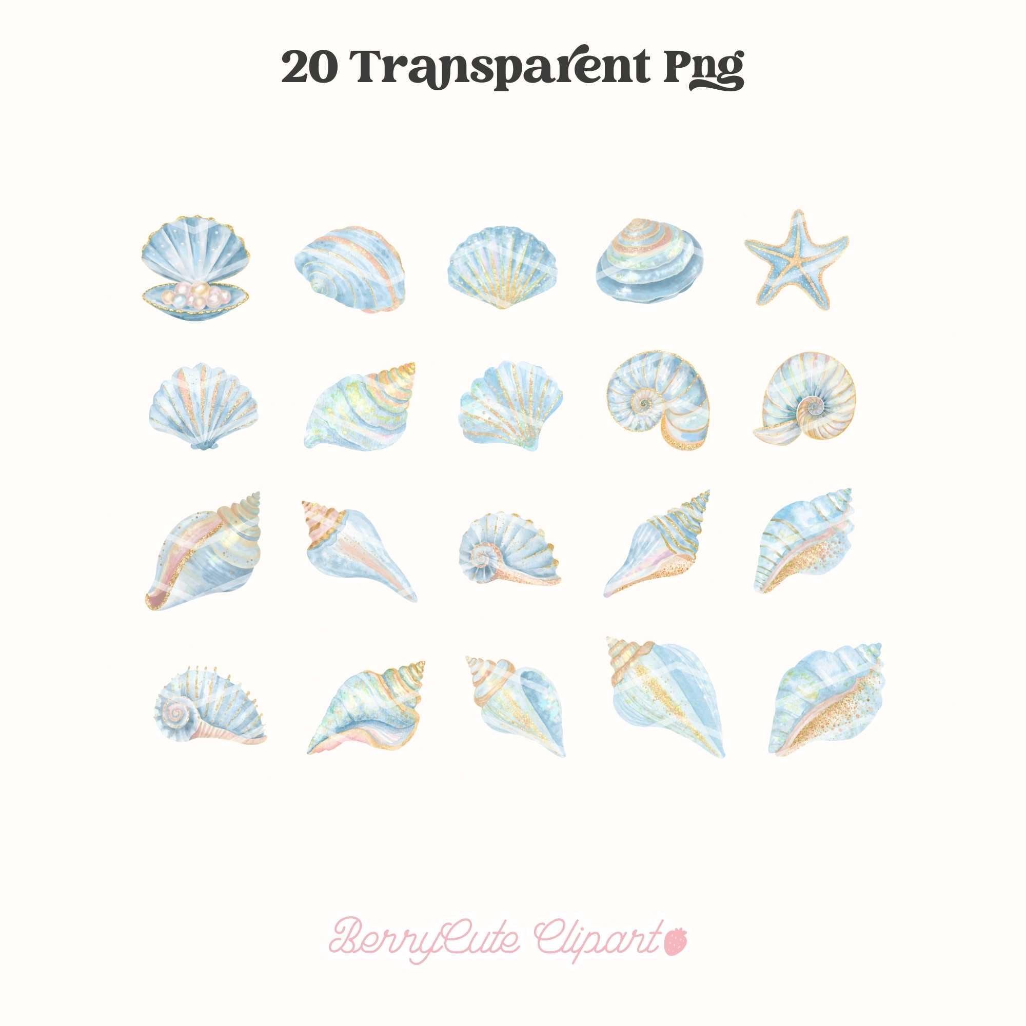 Blue Watercolor Seashell Clipart Pack, Iridescent Mermaid Shells Png ...