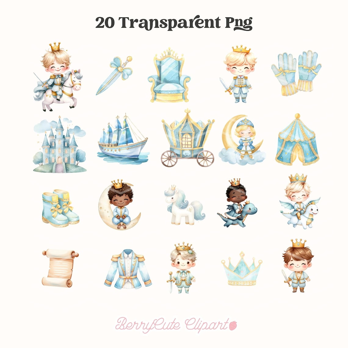 Cute Prince Clipart Pack, Prince Birthday Party Clipart, Royal Crown ...