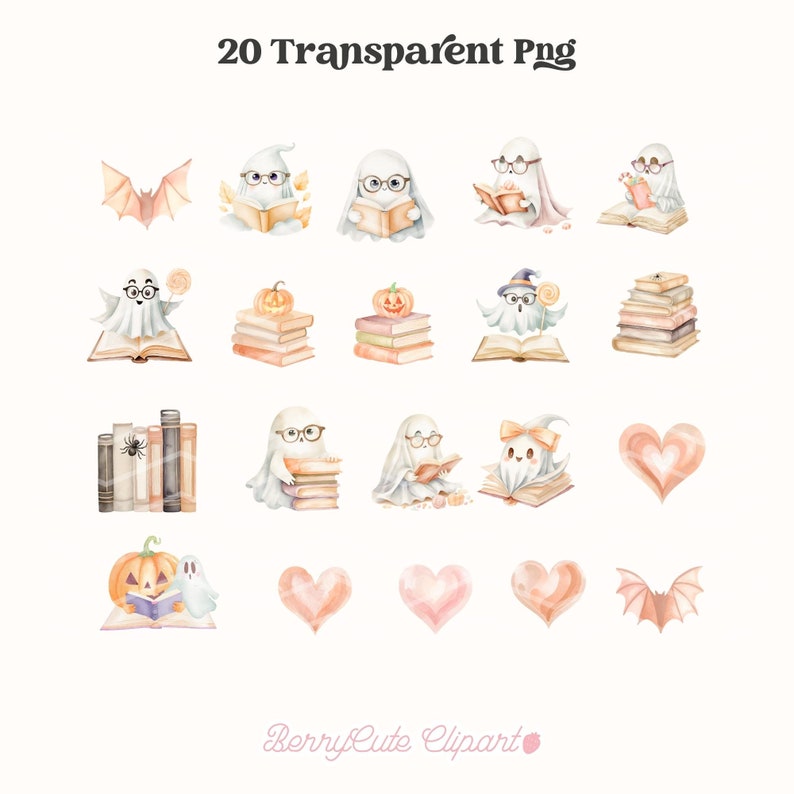 Reading Ghost Clipart Pack, Ghost Reading Books PNG, Bookish Ghost ...