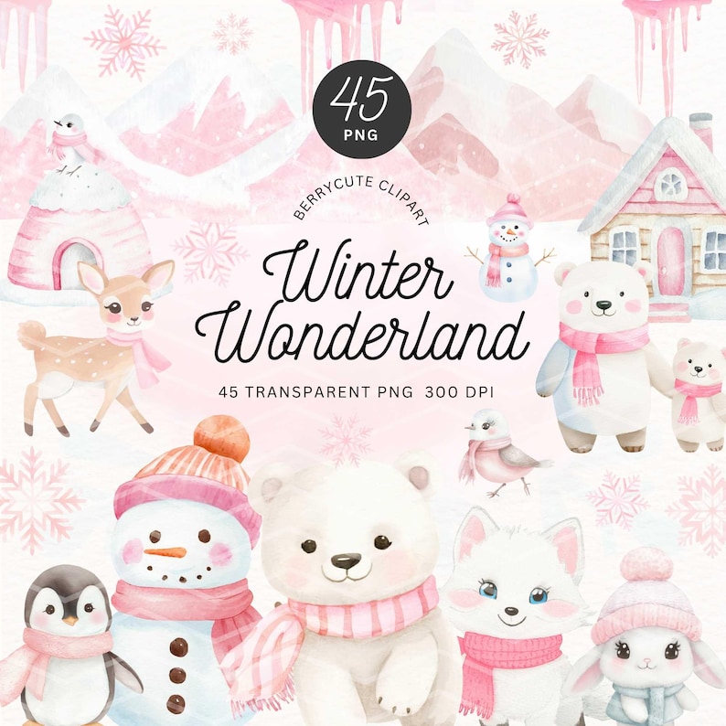 Pink Winter Wonderland Clipart Bundle, Pink Christmas Clipart, Winter ...
