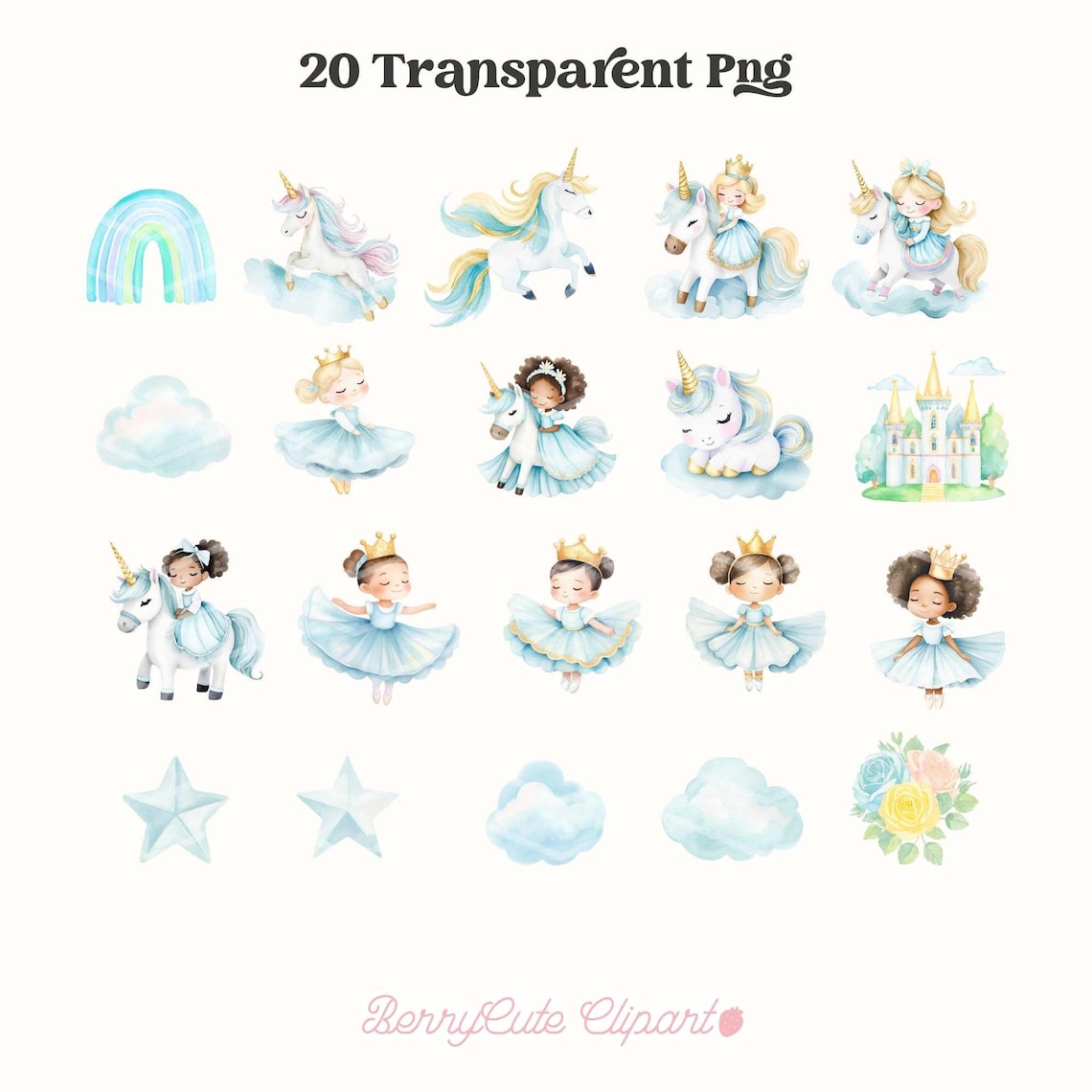 Princess Unicorn Clipart Pack, Blue Princess Clipart, Cute Unicorn ...