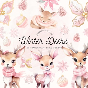 Winter Deer Clipart Pack, Deer Clipart, Pink Deer PNG, Winter ...