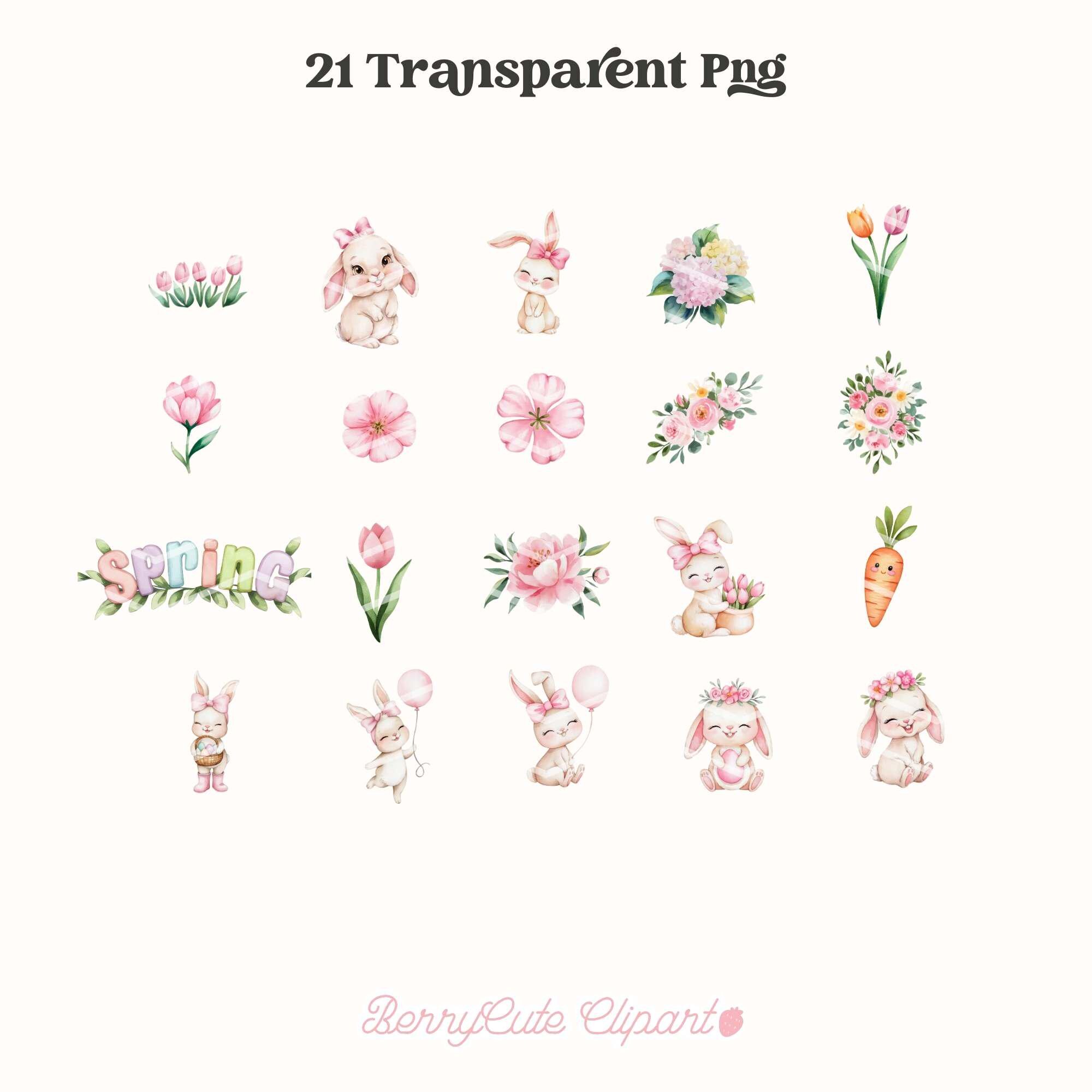 Spring Bunny Clipart Pack, Cute Easter Bunny PNG, Watercolor Rabbit ...