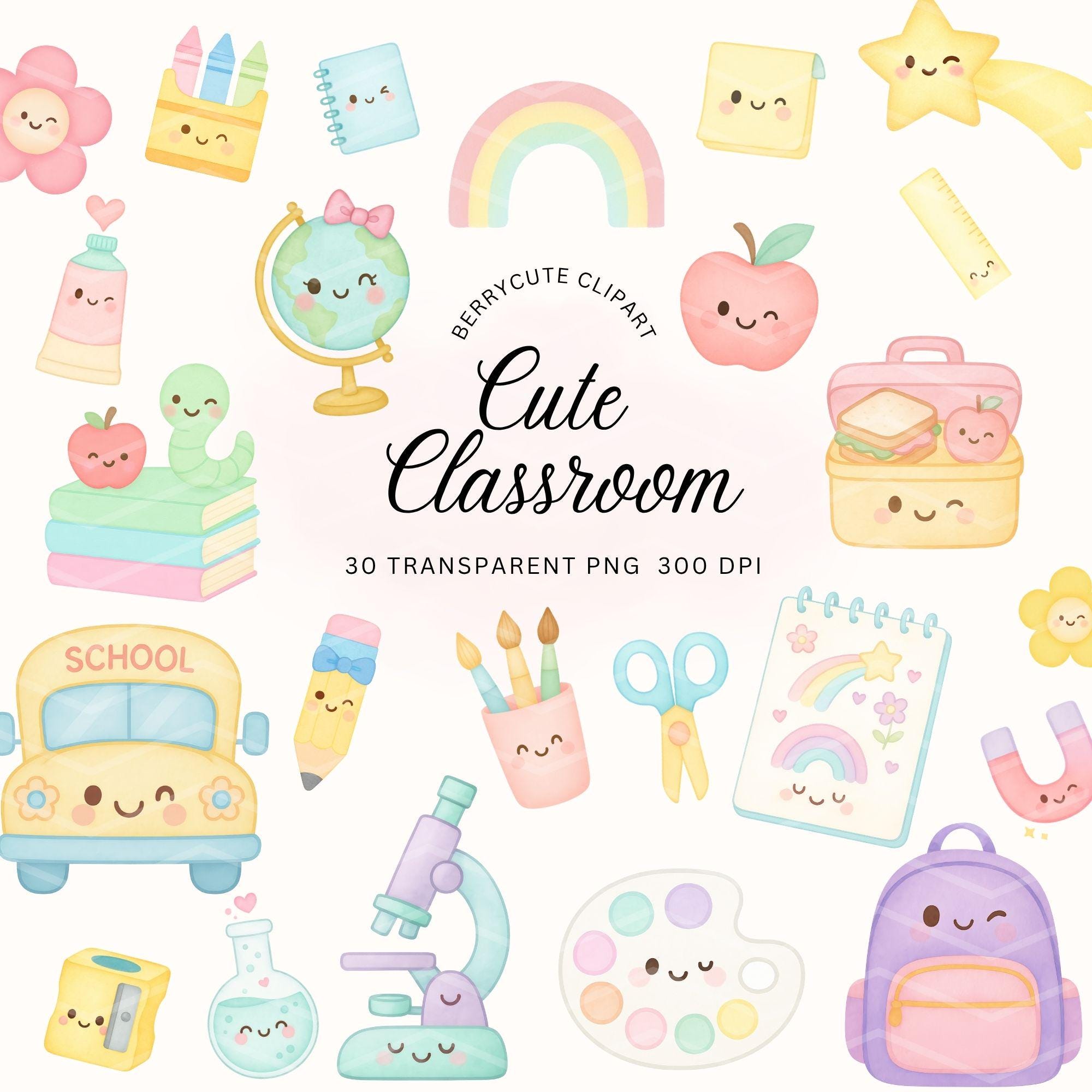 Kawaii School Clipart Set, Back to School Clipart, Groovy School ...