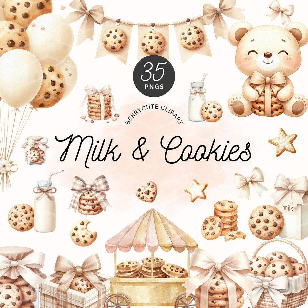 Milk and Cookies Clipart Pack, Watercolor Chocolate Chip Cookies, Sweet ...