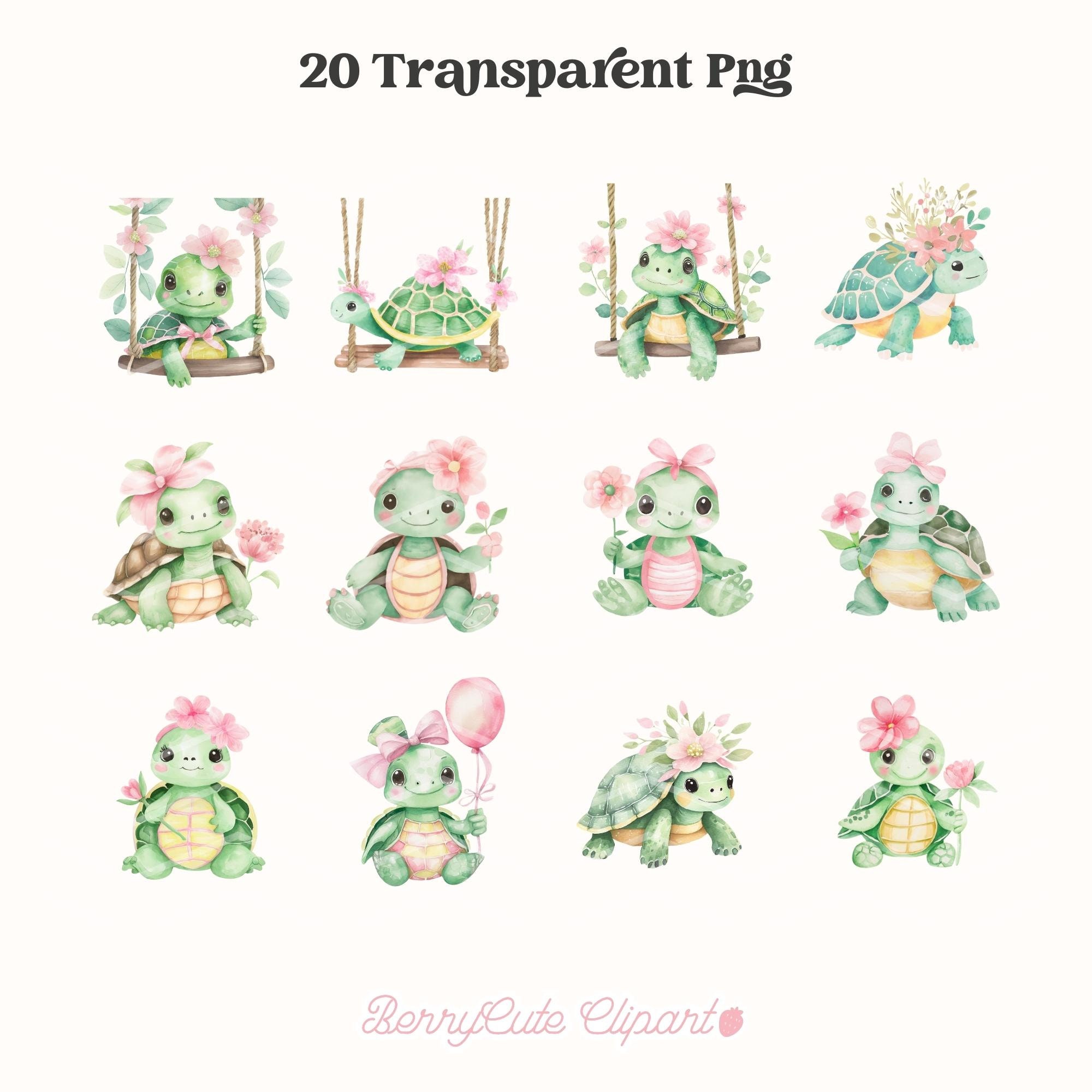 Baby Turtle With Flowers Clipart Pack, Cute Baby Turtle, Pond Life ...