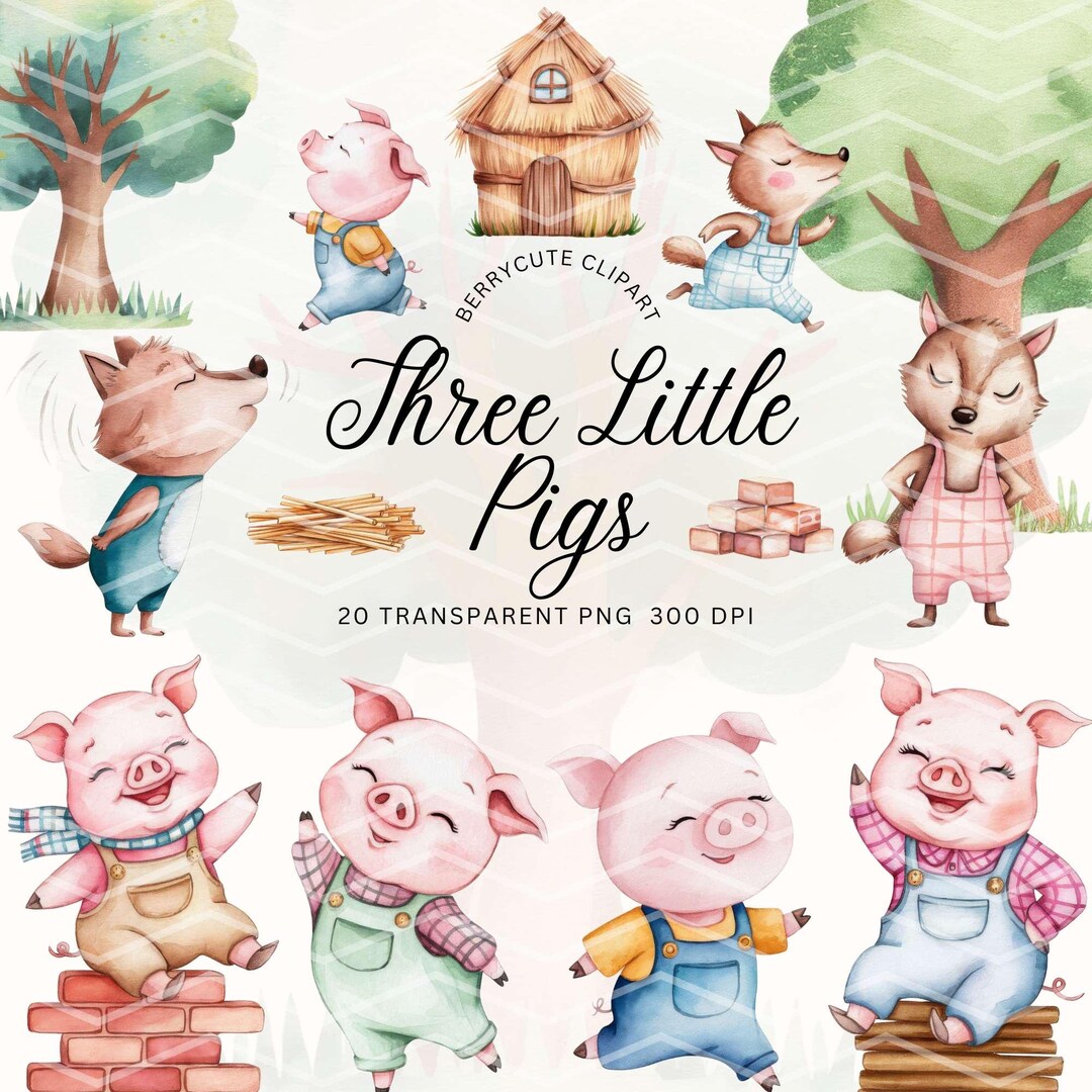 Three Little Pigs Clipart Pack, Fairy Tale Pigs PNG, Cute Pig ...