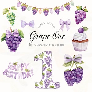 Grape First Birthday Clipart, Watercolor Grape, First Birthday Clipart ...