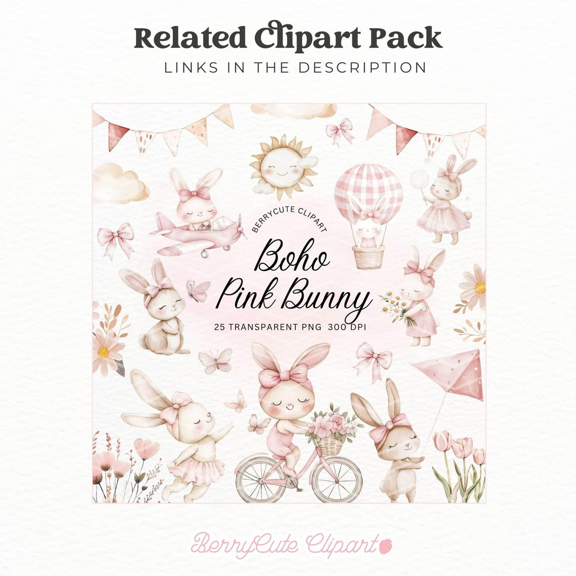 Boho Bunny Clipart Pack, Watercolor Rabbit Illustrations, Boho Easter ...