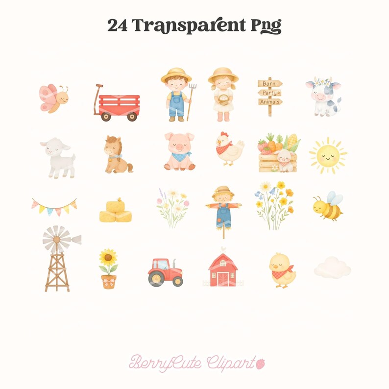 Cute Farm Clipart Set, Watercolor Farm Animals, Cute Pig Clipart, Baby ...
