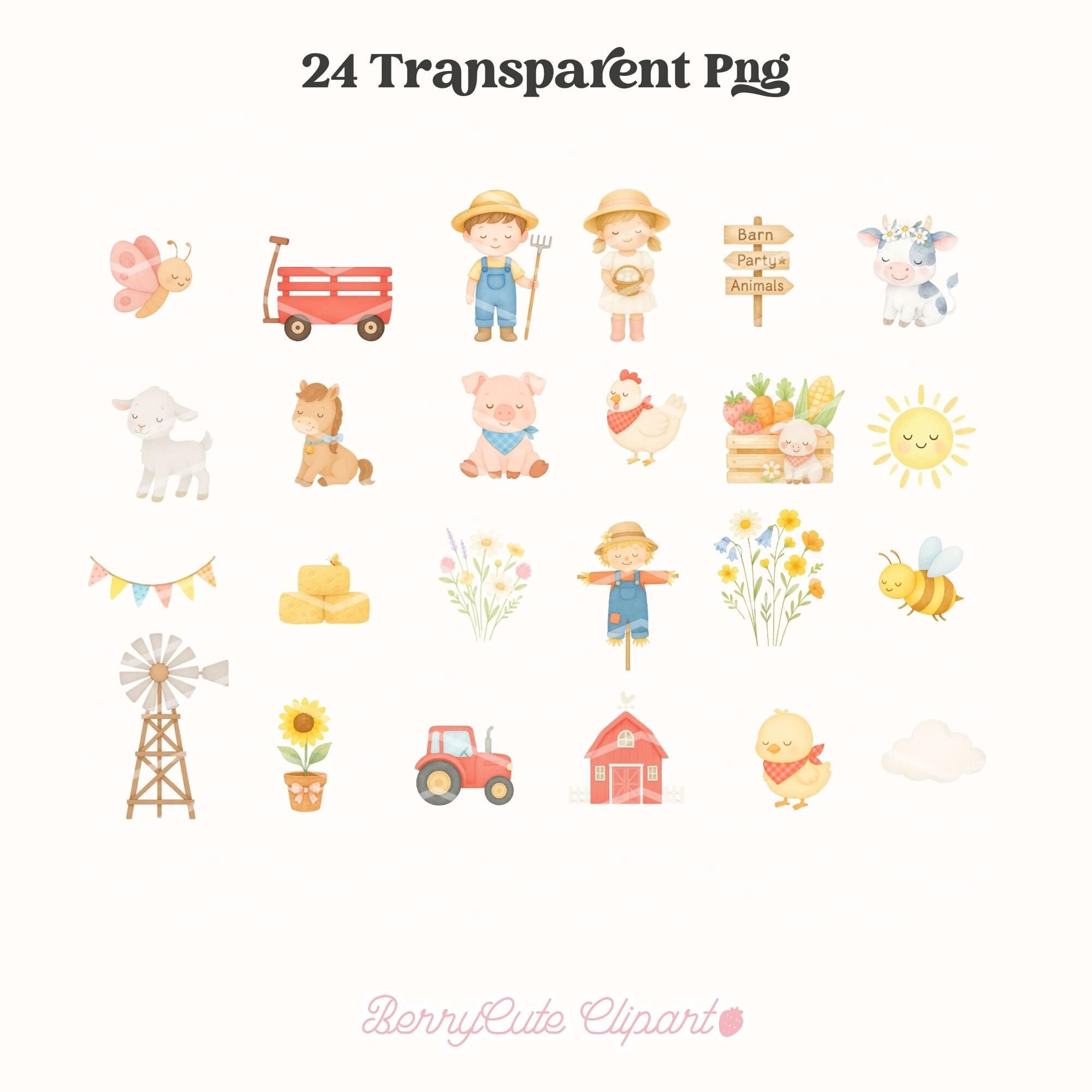Cute Farm Clipart Set, Watercolor Farm Animals, Cute Pig Clipart, Baby ...