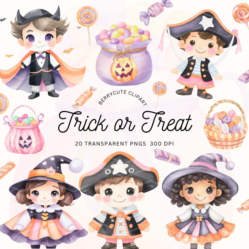 Watercolor Cute Halloween Clipart Pack, Trick or Treat Clipart ...